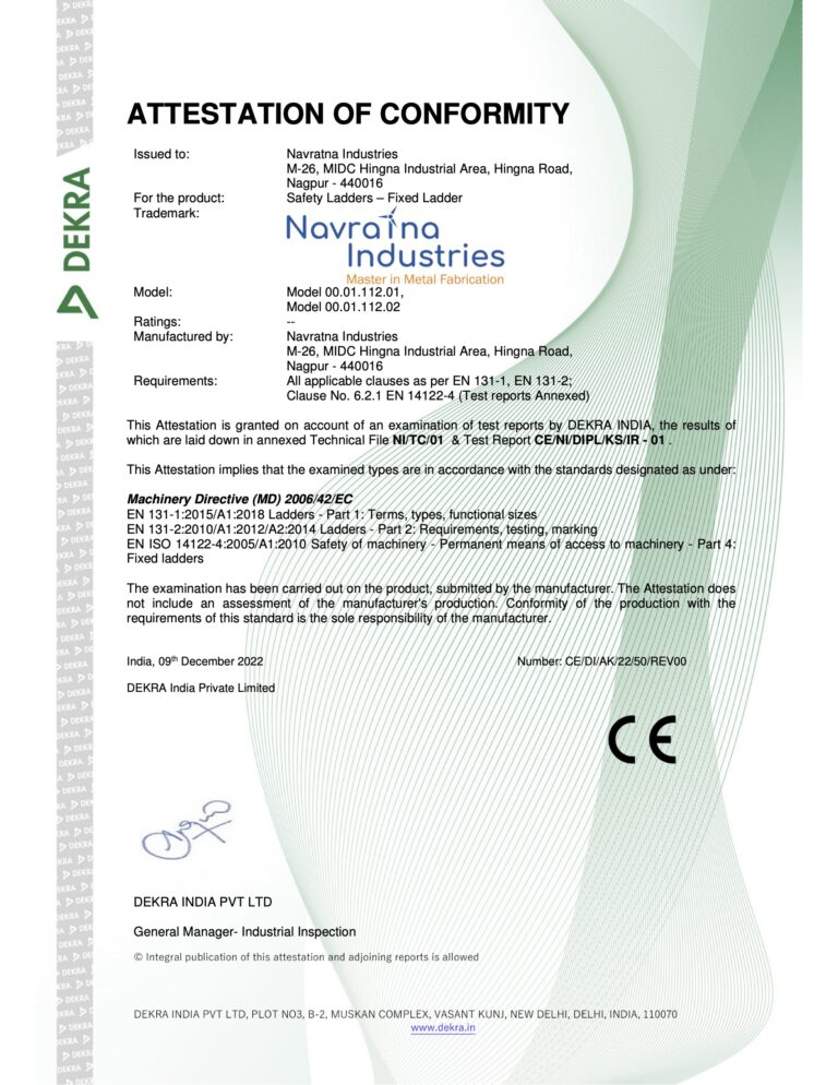 Approval of CE marking for our Safety Ladders. - Navratna Industries
