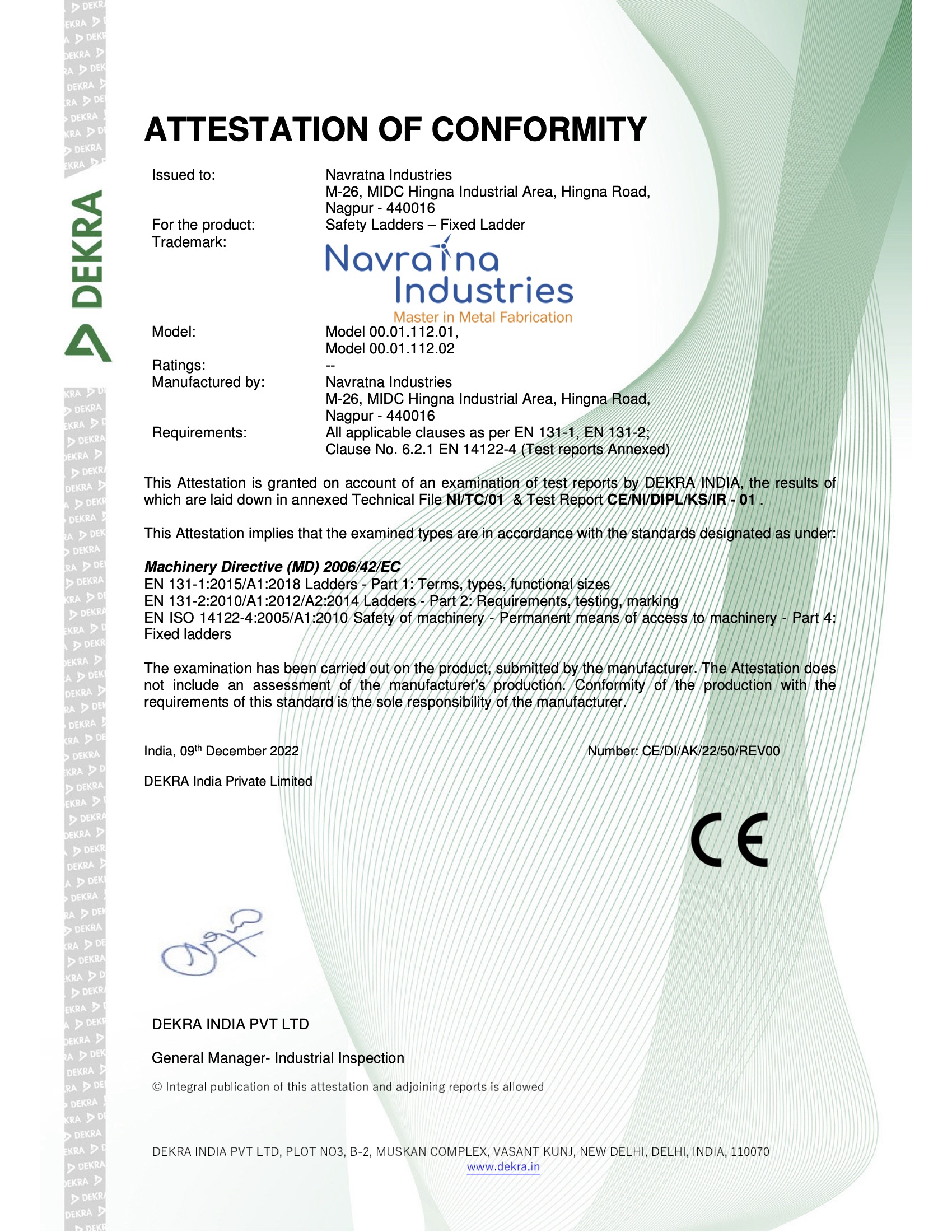 Approval of CE marking for our Safety Ladders. - Navratna Industries